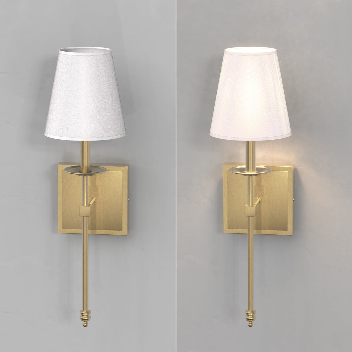 VIKKI Modern Interior Wall Light Aged Brass with White Fabric Shade E1