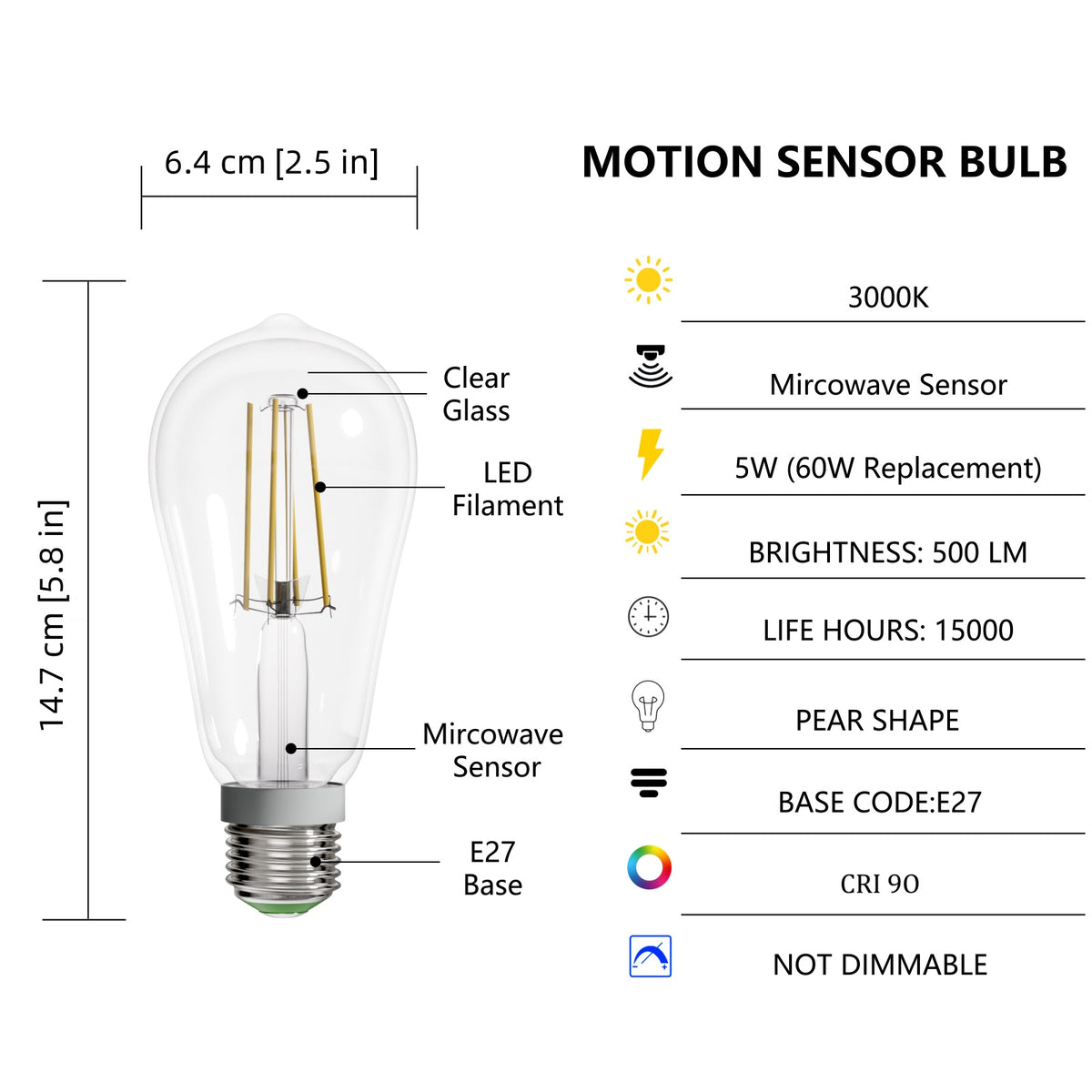4PACK Motion Sensor LED Filament Bulb 5W Equivalent 60W 2700K Warmwhit