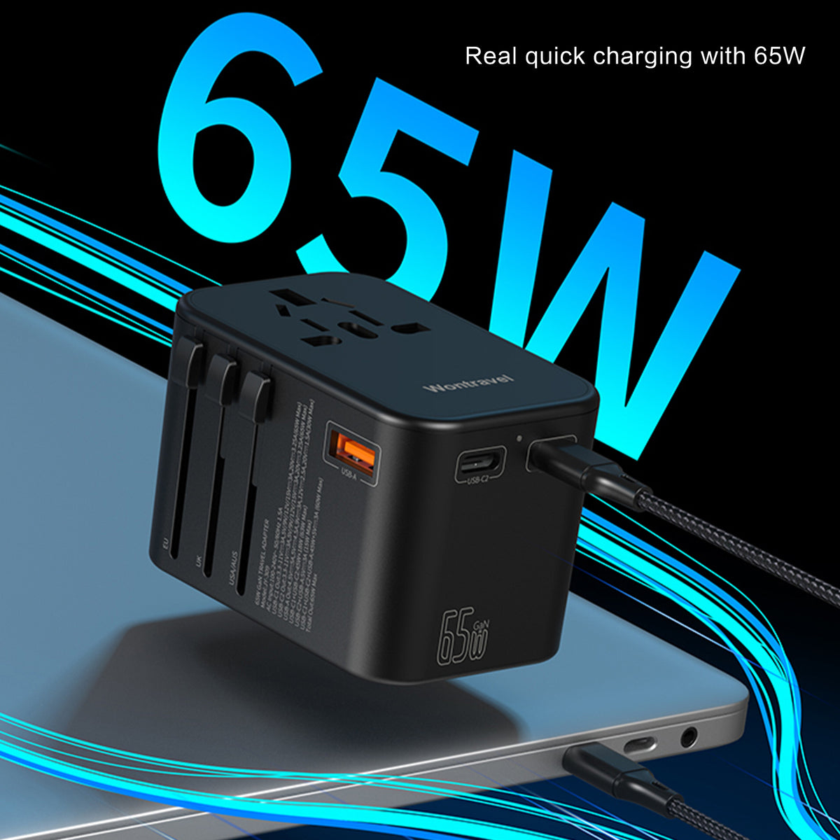 3PACK Universal Travel Adapter GaN 65W 2xUSB-C PD Fast Charging 1xUSB-