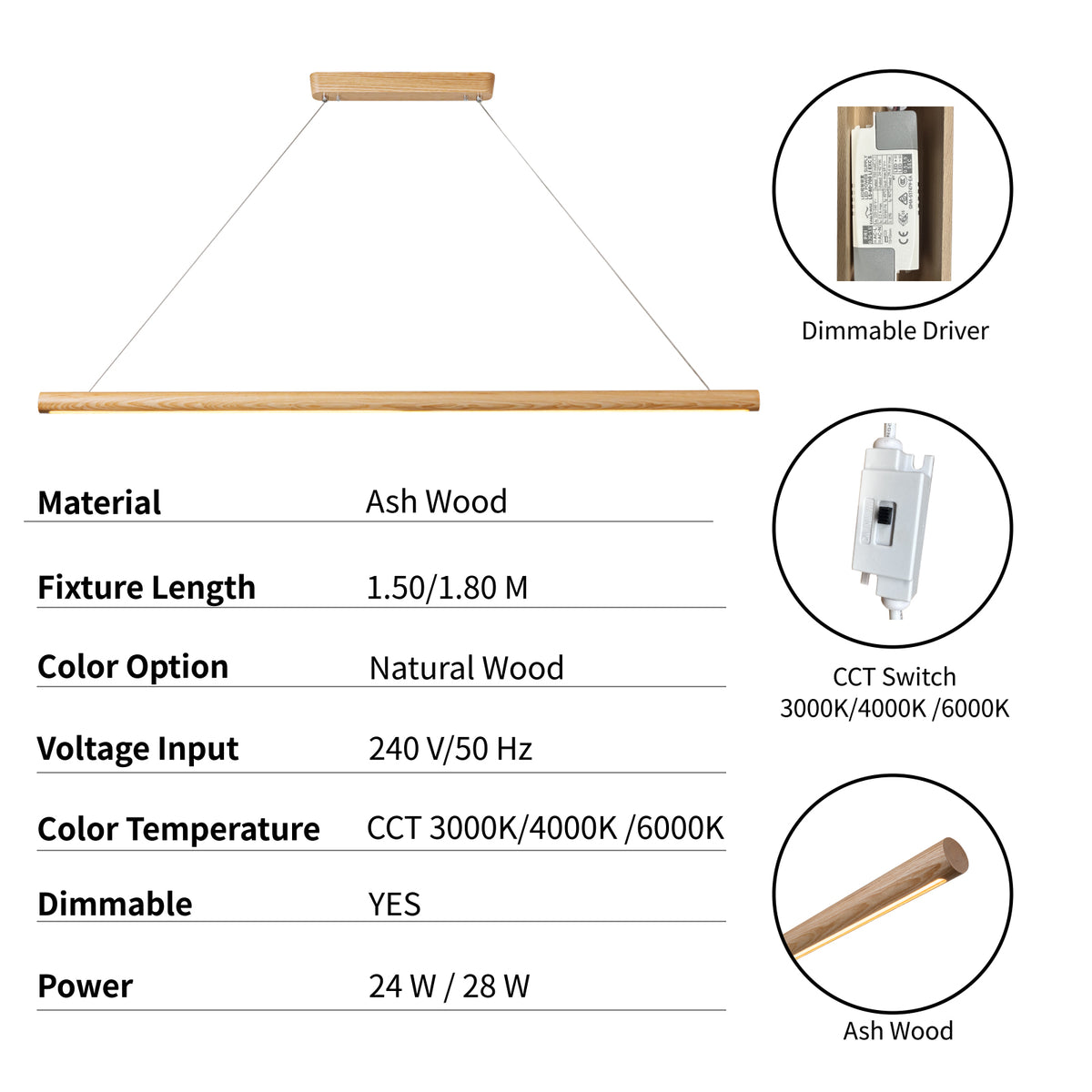 TALIA Natural Wood LED Linear Pendant Light Kitchen Island 3CCT 3000K/
