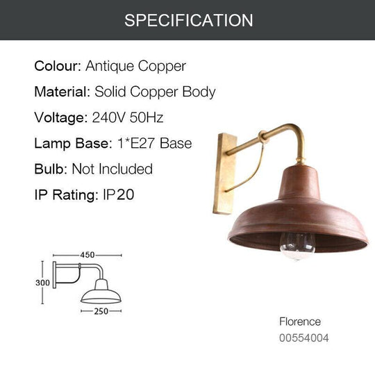 FLORENCE 1-Light Wall Lamp Aged Copper E27
